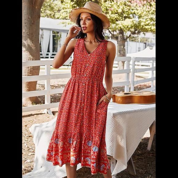 Dresses | Red Floralbutton Down Midi Dress | Poshmark